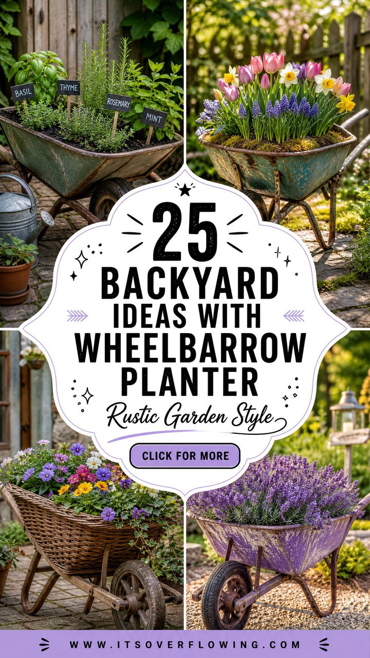25 Backyard Ideas With Wheelbarrow Planter For Rustic Style