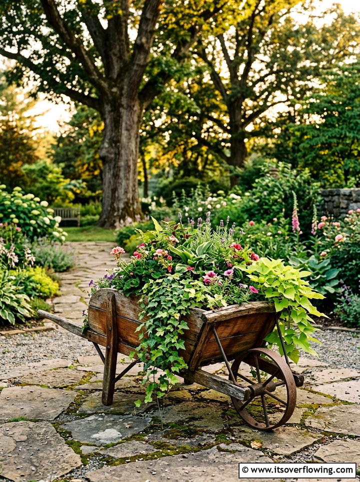 25 Backyard Ideas With Wheelbarrow Planter For Rustic Style